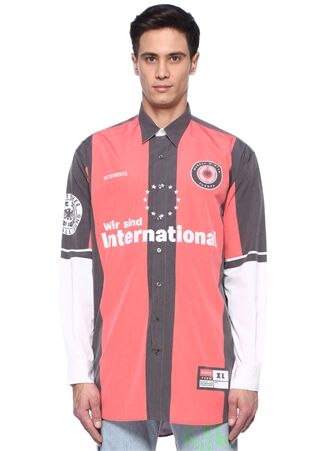 VETEMENTS Erkek Gri Pembe İngiliz Yaka Baskılı Gömlek S EU
