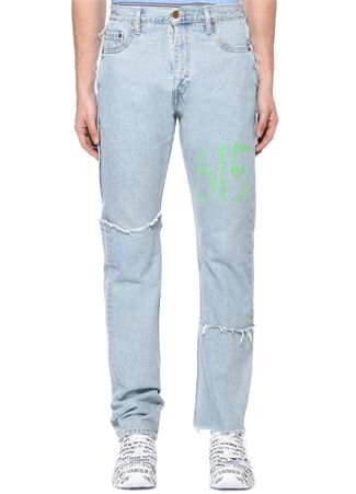 VETEMENTS Erkek Destroyed Baskılı Yıpratma Detaylı Jean Pantolon Mavi M EU