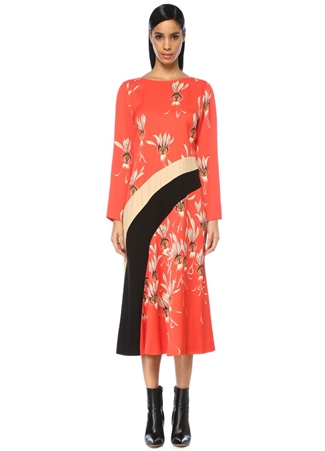 Dries Van Noten Kadın Dessia Kırmızı Çiçekli Uzun Kol Midi Elbise 38 IT