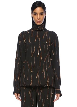 Dries Van Noten Kadın Contisa Siyah Dik Yaka Baskılı Poplin İpek Bluz 38 IT