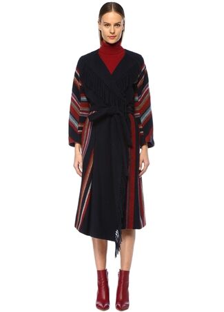 Tory Burch Kadın Alice Lacivert Şal Yaka Çizgili Püsküllü Yün Kaban L EU