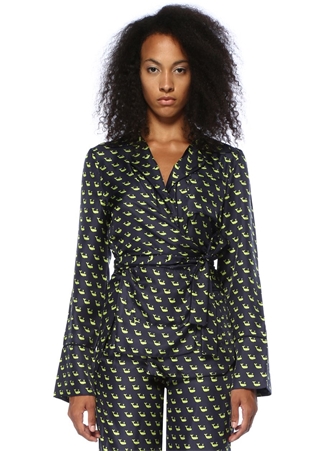 Vionnet Kadın Lacivert Balina Baskılı Kuşaklı İpek Pijama Gömlek Mavi 40 IT