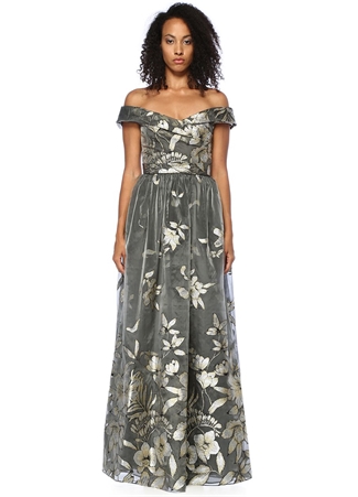 Marchesa Notte Kadın Gri Omzu Açık Simli Çiçekli Maksi Abiye Elbise Siyah 6 US