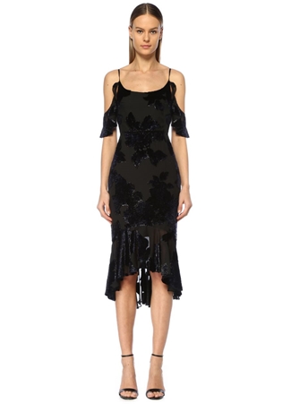 Marchesa Notte Kadın Siyah Metalik Kadife Çiçekli Volanlı Midi Elbise 6 US