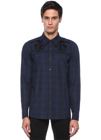 Dries Van Noten Erkek Lacivert Klasik Yaka Ekose Desenli Nakışlı Gömlek S EU