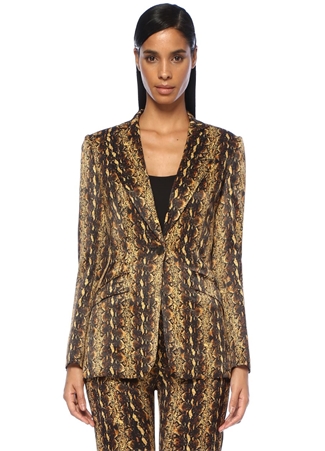 Alexa Chung Kadın Kelebek Yaka Yılan Derisi Desenli Saten Ceket Kahverengi 0 US