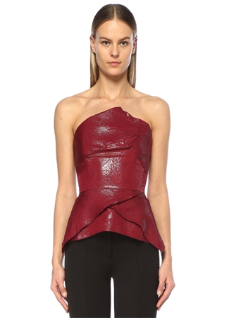 Roland Mouret Kadın Neal Bordo Straplez Parlak Drapeli İpek Bluz 2 US