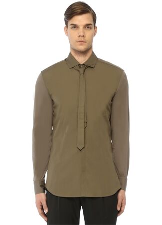 Neil Barrett Erkek Haki İngiliz Yaka Kravat Detaylı Gömlek 40 IT