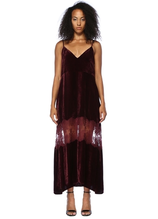Stella McCartney Kadın Bordo V Yaka Dantelli Midi Kadife Elbise 40 IT