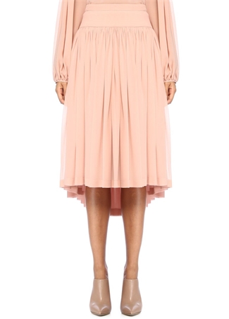 Stella McCartney Kadın Altın Rengi Pilili Önü Kısa Midi İpek Etek Pembe 40 IT
