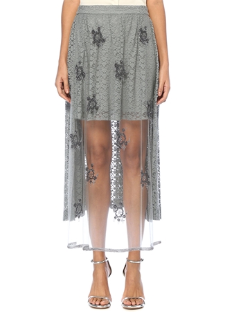 Stella McCartney Kadın Isabella Gri İşlemeli Dantel Midi Etek 40 IT