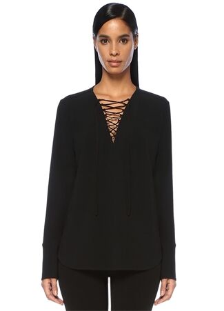 Stella McCartney Kadın Siyah V Yaka Çapraz Bağcıklı Uzun Kollu Bluz 38 IT