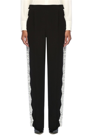 Stella McCartney Kadın Siyah Yüksek Bel Dantelli Şeritli İpek Pantolon 42 IT
