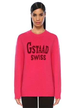 Moncler Kadın Pembe Bisiklet Yaka Yazı Jakarlı Yün Kazak L EU