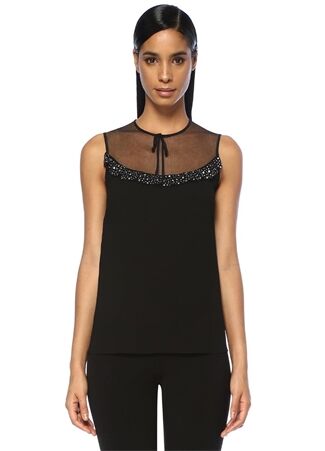 Miu Kadın Siyah Yaka Taşlı Fırfırlı Bluz 40 IT