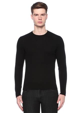Prada Erkek Siyah Bisiklet Yaka Örgü Dokulu Kaşmir Kazak 46 IT