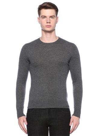 Prada Erkek Gri Bisiklet Yaka Örgü Dokulu Kaşmir Kazak 50 IT