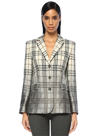 Alberta Ferretti Kadın Bej Kelebek Yaka Ekoseli Degradeli Blazer Ceket 44 IT