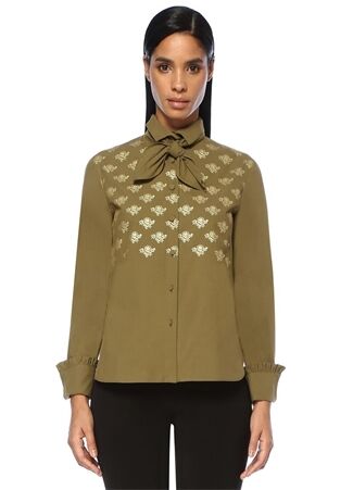 Philosophy di Lorenzo Serafini Kadın Haki Yakası Bağcıklı Gold Çiçek Baskılı Bluz 42 IT