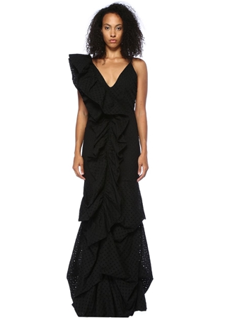 Stella&Amelia Kadın Antonia Siyah Asimetrik Volanlı Maksi Elbise Gri XS EU