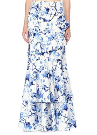 Stella&Amelia Kadın Conchita Mavi Beyaz Çiçekli Drapeli Maksi Etek M EU