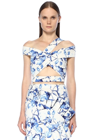 Stella&Amelia Kadın Conchita Mavi Beyaz Drapeli Tek Omuzlu Crop Bluz S EU