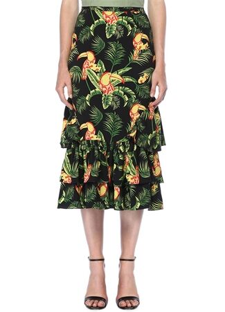 Stella&Amelia Kadın Magdalena Siyah Tropik Desenli Midi Etek XS EU
