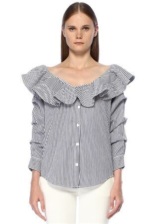 Stella&Amelia Kadın Paola Mavi Beyaz Çizgili Volanlı Gömlek L EU