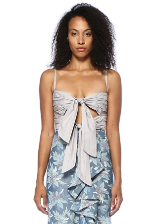 Stella&Amelia Kadın Paula Lila Çizgili Çift Bağcıklı Crop Bluz Pembe S EU