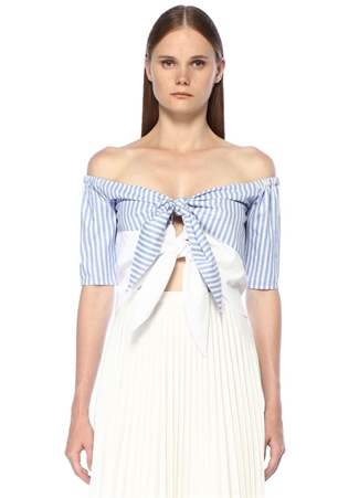 Stella&Amelia Kadın Rafaela Mavi Beyaz Çizgili Bağcıklı Crop Bluz M EU
