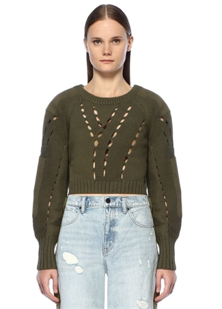 T by Alexander Wang Kadın Haki Bisiklet Yaka Delik Desenli Crop Kazak L EU