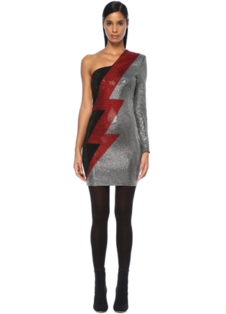 Balmain Kadın Siyah Asimetrik Şimşek Baskılı Taşlı Mini Elbise 38 FR