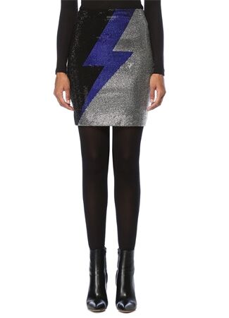 Balmain Kadın Colorblocked Taş İşlemeli Şimşekli Mini Etek Gri 36 FR