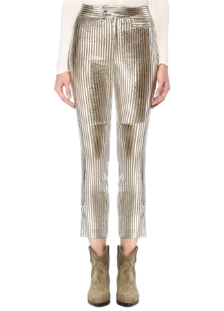 Isabel Marant Kadın Silver Çizgili Normal Bel Dar Paça Deri Pantolon Gri 34 FR