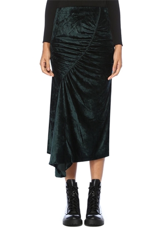 Kenzo Kadın Yeşil Asimetrik Drapeli Midi Kadife Etek S EU