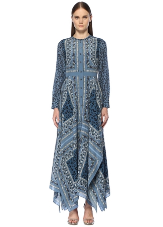 Altuzarra Kadın Mavi Etnik Desenli Maksi İpek Gömlek Elbise 36 IT