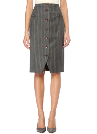 Altuzarra Kadın Füme Çizgili Önü Düğmeli Midi Yün Etek Siyah 36 IT