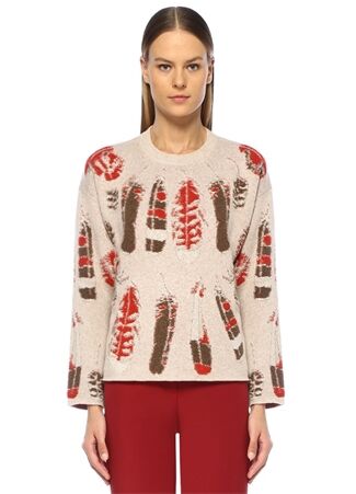 Altuzarra Kadın Bej Yaprak Desenli Düşük Kol Kaşmir Kazak S EU