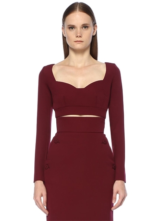 Sara Battaglia Kadın Bordo Kalp Yaka Uzun Kollu Crop Bluz 40 FR