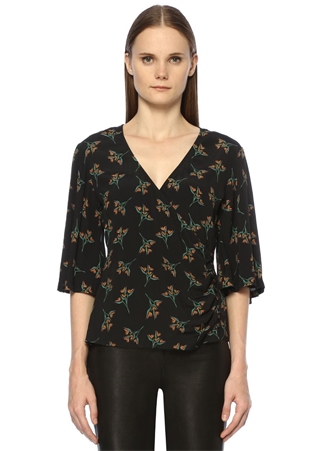 Ba&Sh Kadın Ferdy Siyah Çiçekli Yanı Düğmeli Anvelop Bluz 0 US