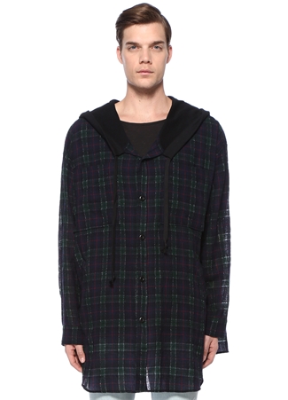 Faith Connexion Erkek Lacivert Kapüşonlu Ekose Desenli Simli Gömlek M EU