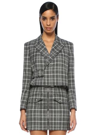 Mo&Co Kadın Gri Kırlangıç Yaka Ekoseli Kemerli Blazer Ceket M EU