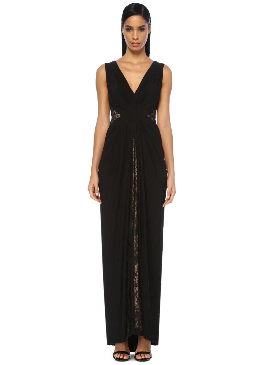 Beymen Rizo Siyah V Yaka Drapeli Dantelli Maksi Elbise - 101319116_999