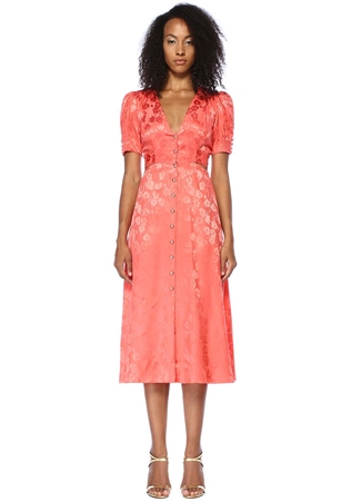 Saloni Kadın Pembe Bağcıklı Dekolteli Midi Saten İpek Elbise Kırmızı 2 US