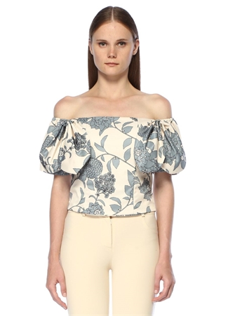 Stella&Amelia Kadın Eloisa Ekru Çiçekli Omzu Açık Fiyonklu Crop Bluz Gri XS EU