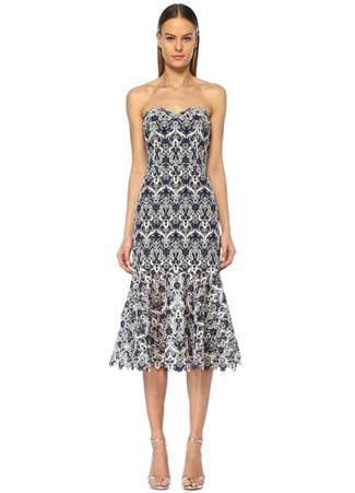 Jonathan Simkhai Kadın Lacivert Kalp Yaka Volanlı Midi Dantel Elbise 4 US