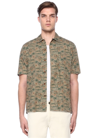 Salvatore Piccolo Erkek Kahverengi Tropikal Desenli Yarım Kollu Gömlek 40 IT