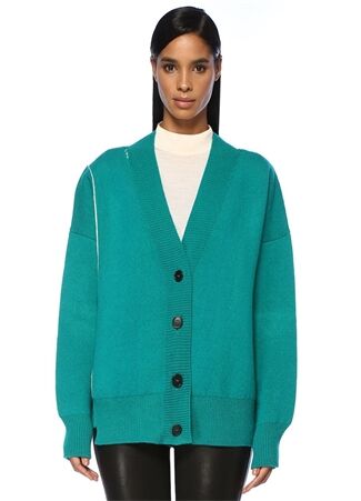 Nervure Kadın Yeşil V Yaka Logo Jakarlı Düşük Kol Yün Hırka Mavi S EU