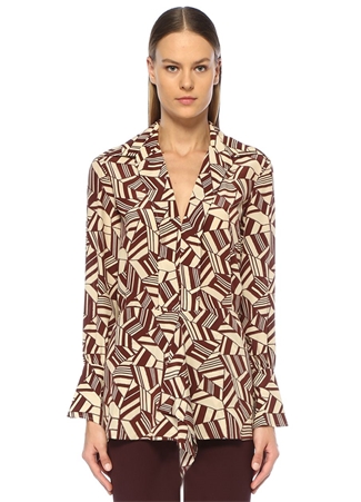 Chloe Kadın Kahverengi V Yaka Geometrik Desenli İpek Bluz 38 FR