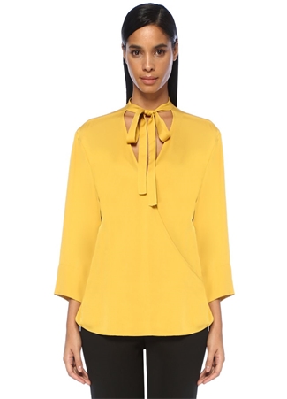 Theory Kadın Relaxed Sarı V Yaka Bağcıklı İpek Anvelop Bluz M Eu